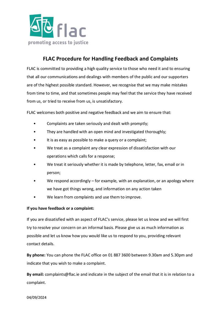 FLAC Procedure for Handling Feedback and Complaints