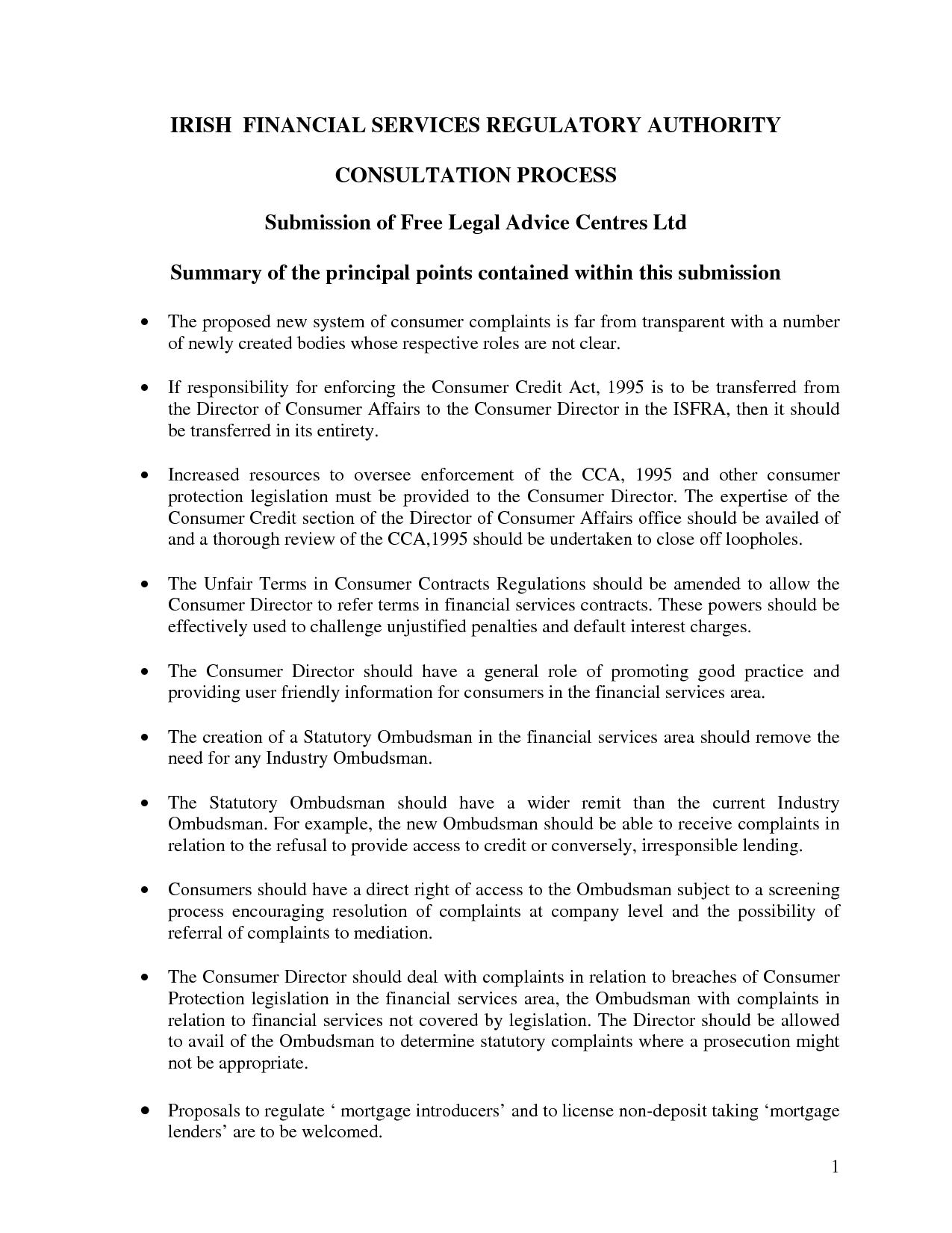 Submission on the Establishment of the Irish Financial Services ...