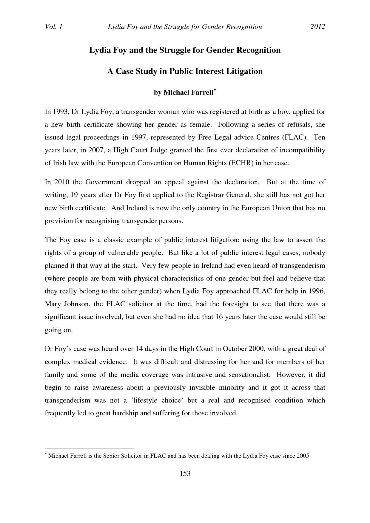 Lydia Foy and the Struggle for Gender Recognition: a case study in ...